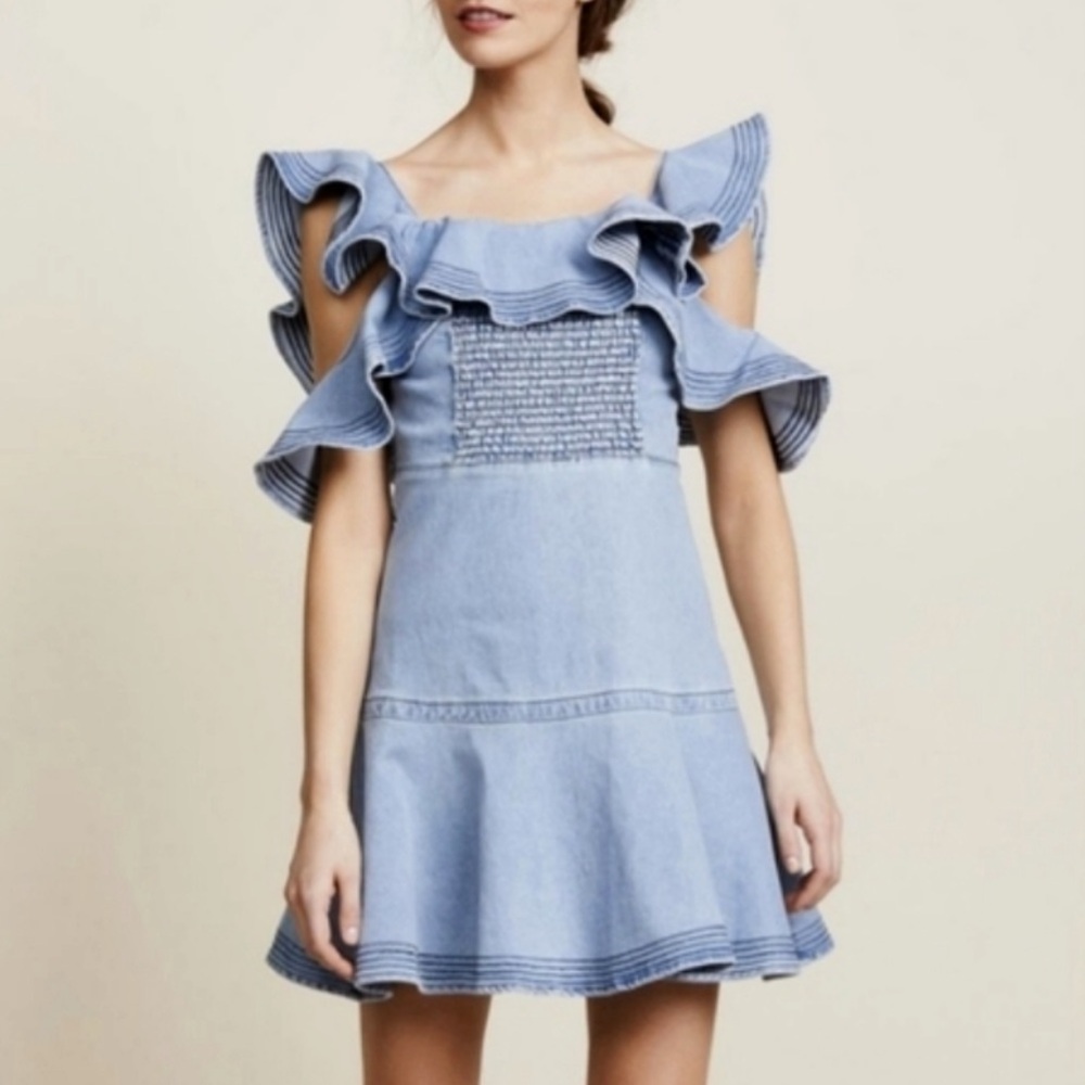 Tanya Taylor Blue Denim Ruffled Lara Mini Dress 6 - Gem